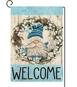 ortigia welcome christmas winter gnome garden flag burlap vertical double sided pine needles cones wreath garden flag coffee cup holiday seasonal farmhouse outdoor small burlap decoration 12x18inch