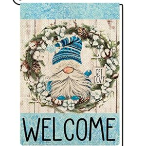 ORTIGIA Welcome Christmas Winter Gnome Garden Flag Burlap Vertical Double Sided Pine Needles Cones Wreath Garden Flag Coffee Cup Holiday Seasonal Farmhouse Outdoor Small Burlap Decoration 12x18Inch