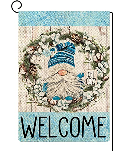 ORTIGIA Welcome Christmas Winter Gnome Garden Flag Burlap Vertical Double Sided Pine Needles Cones Wreath Garden Flag Coffee Cup Holiday Seasonal Farmhouse Outdoor Small Burlap Decoration 12x18Inch