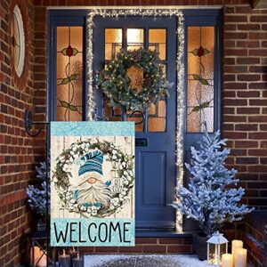 ORTIGIA Welcome Christmas Winter Gnome Garden Flag Burlap Vertical Double Sided Pine Needles Cones Wreath Garden Flag Coffee Cup Holiday Seasonal Farmhouse Outdoor Small Burlap Decoration 12x18Inch