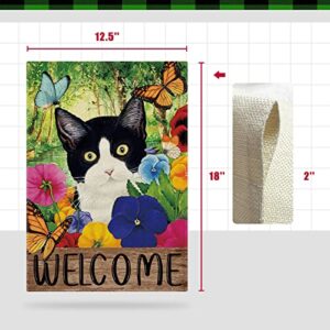 CMEGKE Spring Welcome Cat Butterfly Floral Garden Flag, Spring Summer Cat Flags, Spring Summer Flags Summer Spring Rustic Vertical Double Sided Burlap Cat Butterfly Floral Home Holiday Party Farmhouse Yard Lawn Outside Decorations 12.5 x 18 In