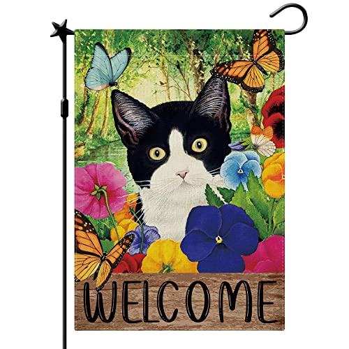 CMEGKE Spring Welcome Cat Butterfly Floral Garden Flag, Spring Summer Cat Flags, Spring Summer Flags Summer Spring Rustic Vertical Double Sided Burlap Cat Butterfly Floral Home Holiday Party Farmhouse Yard Lawn Outside Decorations 12.5 x 18 In