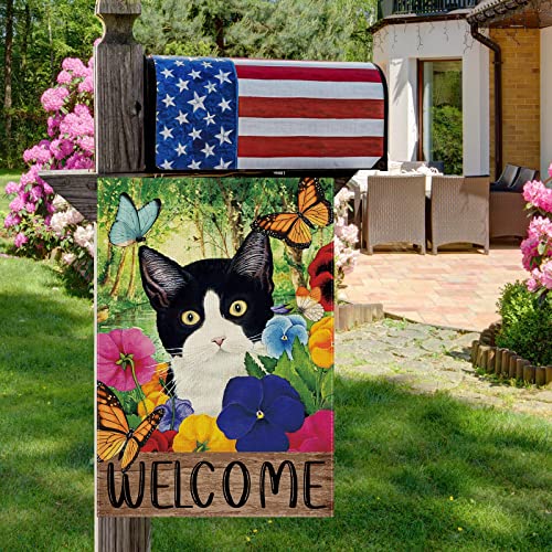 CMEGKE Spring Welcome Cat Butterfly Floral Garden Flag, Spring Summer Cat Flags, Spring Summer Flags Summer Spring Rustic Vertical Double Sided Burlap Cat Butterfly Floral Home Holiday Party Farmhouse Yard Lawn Outside Decorations 12.5 x 18 In