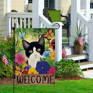 CMEGKE Spring Welcome Cat Butterfly Floral Garden Flag, Spring Summer Cat Flags, Spring Summer Flags Summer Spring Rustic Vertical Double Sided Burlap Cat Butterfly Floral Home Holiday Party Farmhouse Yard Lawn Outside Decorations 12.5 x 18 In