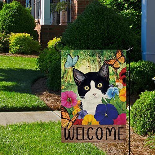 CMEGKE Spring Welcome Cat Butterfly Floral Garden Flag, Spring Summer Cat Flags, Spring Summer Flags Summer Spring Rustic Vertical Double Sided Burlap Cat Butterfly Floral Home Holiday Party Farmhouse Yard Lawn Outside Decorations 12.5 x 18 In