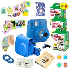 fujifilm instax mini 9 instant camera cobalt blue w/fujifilm instax mini 9 instant films (60 pack) + a14 pc deluxe bundle for fujifilm instax mini 9 camera