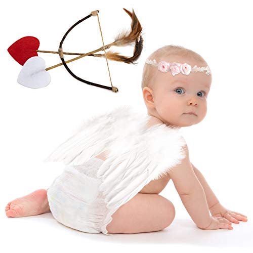 AMOR PRESENT Baby Angel Wings, 5PCS Newborn Photoshoot Clothes White Angel Feather Wing Baby Cupid Costume Set with Headband Bow Swords Photo Prop Outfit 0-18 Months