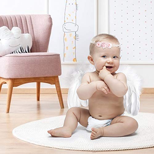 AMOR PRESENT Baby Angel Wings, 5PCS Newborn Photoshoot Clothes White Angel Feather Wing Baby Cupid Costume Set with Headband Bow Swords Photo Prop Outfit 0-18 Months