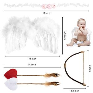 AMOR PRESENT Baby Angel Wings, 5PCS Newborn Photoshoot Clothes White Angel Feather Wing Baby Cupid Costume Set with Headband Bow Swords Photo Prop Outfit 0-18 Months