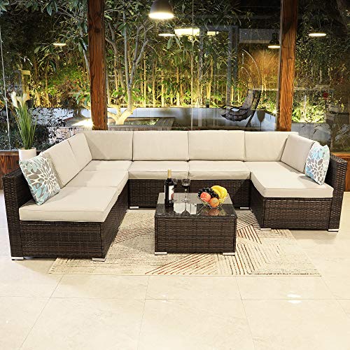 YITAHOME 8 Piece Outdoor Patio Furniture Sets, Garden Conversation Wicker Sofa Set, and Patio Sectional Furniture Sofa Set with Coffee Table and Cushion for Lawn, Backyard, and Poolside, Brown