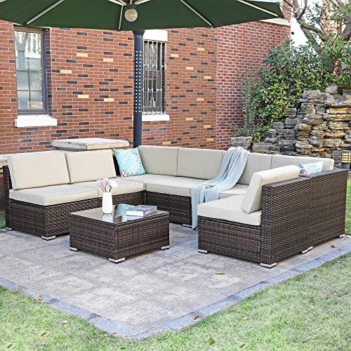 YITAHOME 8 Piece Outdoor Patio Furniture Sets, Garden Conversation Wicker Sofa Set, and Patio Sectional Furniture Sofa Set with Coffee Table and Cushion for Lawn, Backyard, and Poolside, Brown