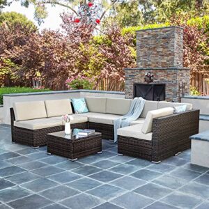 YITAHOME 8 Piece Outdoor Patio Furniture Sets, Garden Conversation Wicker Sofa Set, and Patio Sectional Furniture Sofa Set with Coffee Table and Cushion for Lawn, Backyard, and Poolside, Brown