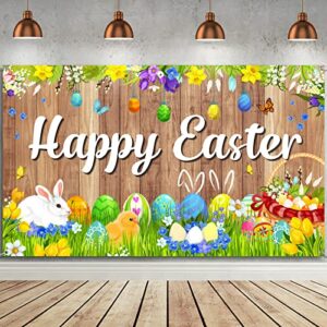 happy easter decorations easter backdrops photography banner bunny grassland rustic wood background eggs banner for jesus easter spring party decorations, 70.8 x 43.3 inch