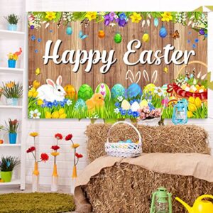 Happy Easter Decorations Easter Backdrops Photography Banner Bunny Grassland Rustic Wood Background Eggs Banner for Jesus Easter Spring Party Decorations, 70.8 x 43.3 Inch