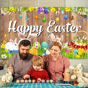 Happy Easter Decorations Easter Backdrops Photography Banner Bunny Grassland Rustic Wood Background Eggs Banner for Jesus Easter Spring Party Decorations, 70.8 x 43.3 Inch