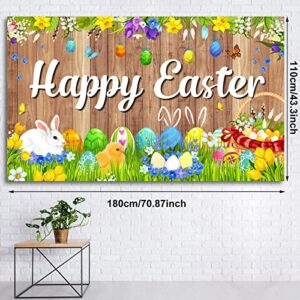 Happy Easter Decorations Easter Backdrops Photography Banner Bunny Grassland Rustic Wood Background Eggs Banner for Jesus Easter Spring Party Decorations, 70.8 x 43.3 Inch