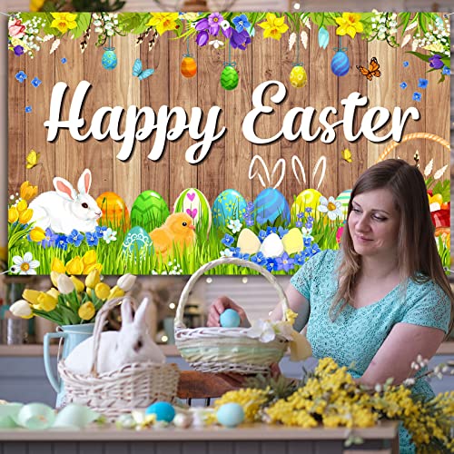 Happy Easter Decorations Easter Backdrops Photography Banner Bunny Grassland Rustic Wood Background Eggs Banner for Jesus Easter Spring Party Decorations, 70.8 x 43.3 Inch