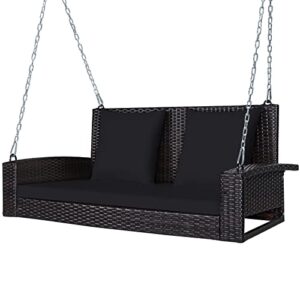 tangkula 2-person wicker hanging porch swing, patiojoy outdoor rattan swing bench w/ 2 back cushions & 1 seat cushion, sturdy steel chain, 800lbs weight capacity, suitable for deck, backyard, garden