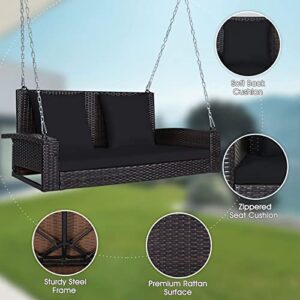 Tangkula 2-Person Wicker Hanging Porch Swing, Patiojoy Outdoor Rattan Swing Bench W/ 2 Back Cushions & 1 Seat Cushion, Sturdy Steel Chain, 800lbs Weight Capacity, Suitable for Deck, Backyard, Garden