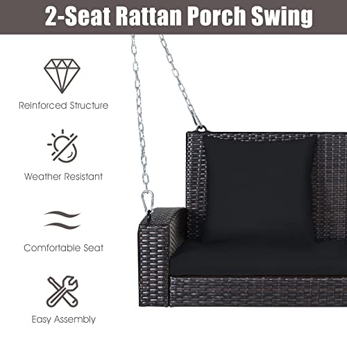 Tangkula 2-Person Wicker Hanging Porch Swing, Patiojoy Outdoor Rattan Swing Bench W/ 2 Back Cushions & 1 Seat Cushion, Sturdy Steel Chain, 800lbs Weight Capacity, Suitable for Deck, Backyard, Garden