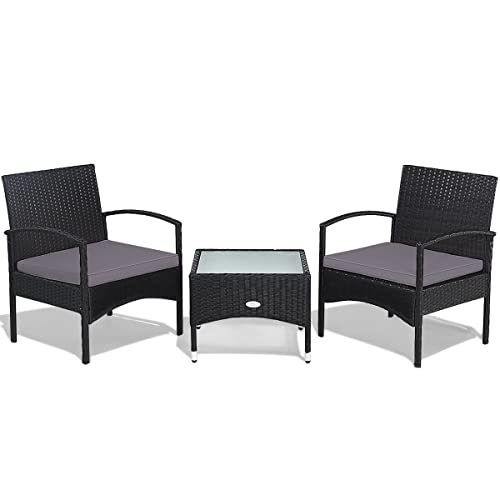 HAPPYGRILL 3 Pieces Patio Furniture Set Outdoor Conversation Set Rattan Wicker Bistro Set with Glass Coffee Table & Soft Cushions for Balcony Garden Poolside