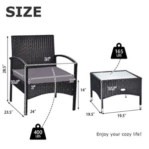 HAPPYGRILL 3 Pieces Patio Furniture Set Outdoor Conversation Set Rattan Wicker Bistro Set with Glass Coffee Table & Soft Cushions for Balcony Garden Poolside