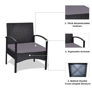 HAPPYGRILL 3 Pieces Patio Furniture Set Outdoor Conversation Set Rattan Wicker Bistro Set with Glass Coffee Table & Soft Cushions for Balcony Garden Poolside