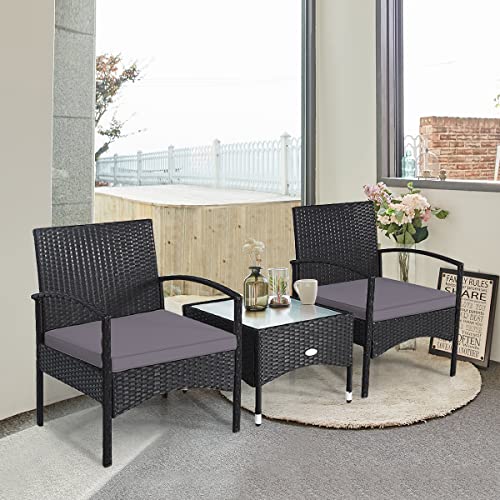 HAPPYGRILL 3 Pieces Patio Furniture Set Outdoor Conversation Set Rattan Wicker Bistro Set with Glass Coffee Table & Soft Cushions for Balcony Garden Poolside