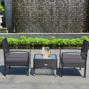 HAPPYGRILL 3 Pieces Patio Furniture Set Outdoor Conversation Set Rattan Wicker Bistro Set with Glass Coffee Table & Soft Cushions for Balcony Garden Poolside