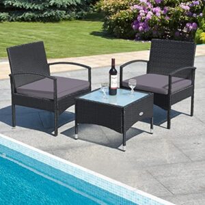 HAPPYGRILL 3 Pieces Patio Furniture Set Outdoor Conversation Set Rattan Wicker Bistro Set with Glass Coffee Table & Soft Cushions for Balcony Garden Poolside