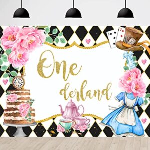 Onederland 1st Birthday Backdrop for Girls Wonderland Tea Party Photography Background Girl Pink Floral Poker Decoration Cake Table Banner 7x5ft