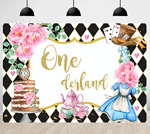 Onederland 1st Birthday Backdrop for Girls Wonderland Tea Party Photography Background Girl Pink Floral Poker Decoration Cake Table Banner 7x5ft