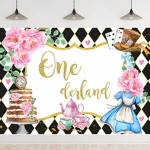 Onederland 1st Birthday Backdrop for Girls Wonderland Tea Party Photography Background Girl Pink Floral Poker Decoration Cake Table Banner 7x5ft