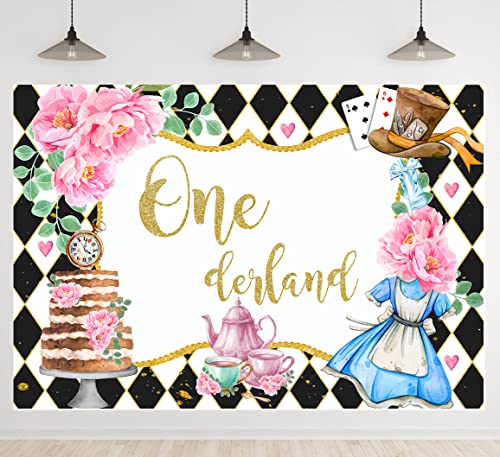 Onederland 1st Birthday Backdrop for Girls Wonderland Tea Party Photography Background Girl Pink Floral Poker Decoration Cake Table Banner 7x5ft