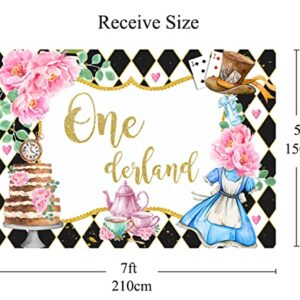 Onederland 1st Birthday Backdrop for Girls Wonderland Tea Party Photography Background Girl Pink Floral Poker Decoration Cake Table Banner 7x5ft