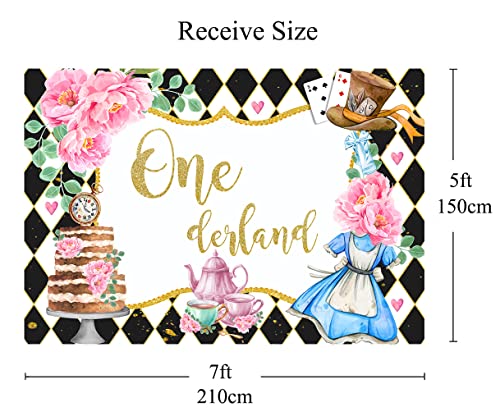 Onederland 1st Birthday Backdrop for Girls Wonderland Tea Party Photography Background Girl Pink Floral Poker Decoration Cake Table Banner 7x5ft