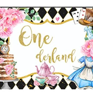 Onederland 1st Birthday Backdrop for Girls Wonderland Tea Party Photography Background Girl Pink Floral Poker Decoration Cake Table Banner 7x5ft