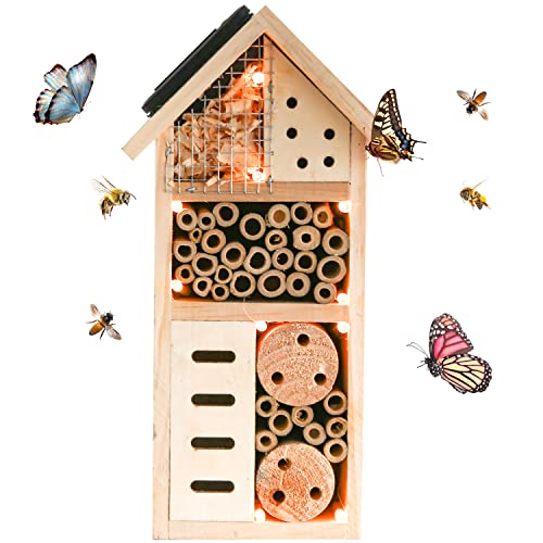 antiai Wooden Multi Insect Bee Butterfly House with Light,Solar Lighting Insect House Hotel,an Outdoor Hanging Bamboo Habitat for Mason Bee Butterfly Ladybugs Live,Bee Box,Butterfly Habitat for Garden