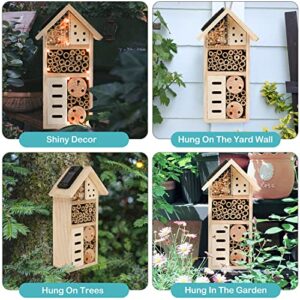 antiai Wooden Multi Insect Bee Butterfly House with Light,Solar Lighting Insect House Hotel,an Outdoor Hanging Bamboo Habitat for Mason Bee Butterfly Ladybugs Live,Bee Box,Butterfly Habitat for Garden