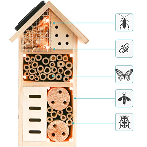 antiai Wooden Multi Insect Bee Butterfly House with Light,Solar Lighting Insect House Hotel,an Outdoor Hanging Bamboo Habitat for Mason Bee Butterfly Ladybugs Live,Bee Box,Butterfly Habitat for Garden