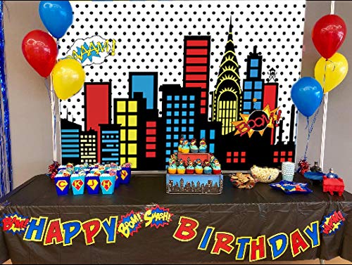 Art Studio 5x3ft Superhero Super City Photography Backdrops Skyline Buildings City Boom Photo Background Children Birthday Party Banner Photo Studio Booth Cake Table Decor Vinyl