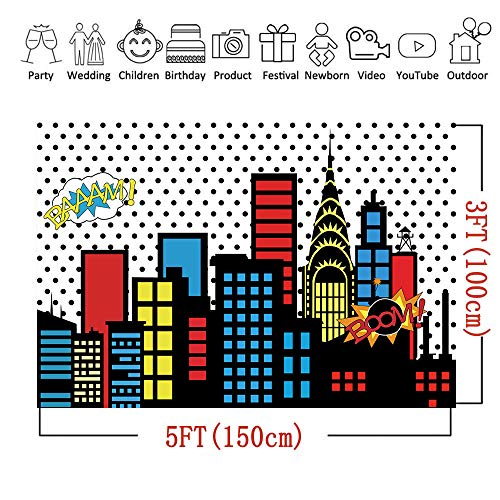 Art Studio 5x3ft Superhero Super City Photography Backdrops Skyline Buildings City Boom Photo Background Children Birthday Party Banner Photo Studio Booth Cake Table Decor Vinyl