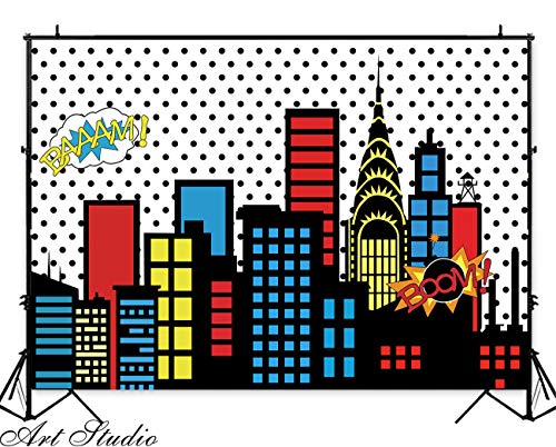 Art Studio 5x3ft Superhero Super City Photography Backdrops Skyline Buildings City Boom Photo Background Children Birthday Party Banner Photo Studio Booth Cake Table Decor Vinyl