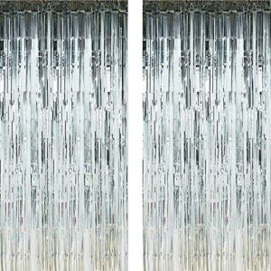 twinkle star 2 pack photo booth backdrop metallic tinsel foil fringe curtains environmental background for birthday wedding party christmas decorations (silver)