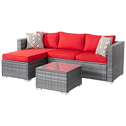 Shintenchi Patio Furniture Sets Outdoor Sectional Sofa Silver All-Weather Rattan Wicker Small Patio Conversation Couch Garden Backyard with Washable Couch Cushion and Glass Table 3 Pieces Red