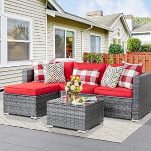 Shintenchi Patio Furniture Sets Outdoor Sectional Sofa Silver All-Weather Rattan Wicker Small Patio Conversation Couch Garden Backyard with Washable Couch Cushion and Glass Table 3 Pieces Red