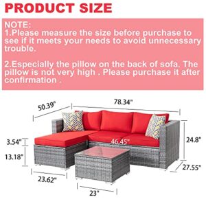 Shintenchi Patio Furniture Sets Outdoor Sectional Sofa Silver All-Weather Rattan Wicker Small Patio Conversation Couch Garden Backyard with Washable Couch Cushion and Glass Table 3 Pieces Red