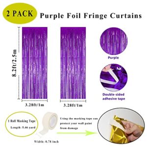 Muhome Purple Foil Fringe Curtain, 2PCS 3.28FT x 8.2FT Tinsel Door Curtains & 1 Masking Tape Purple Fringe Backdrop for Wedding Birthday Bachelorette Mardi Gras Carnival Party Decorations