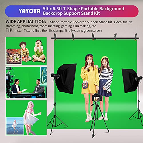 YAYOYA Green Screen Backdrop with Stand Kit 5x6.5ft, Portable Chromakey Green Screen Stand with Carrying Bag and 5 Spring Clamps, Greenscreen T-Shaped Background Stand for Streaming,Video Gaming,Zoom