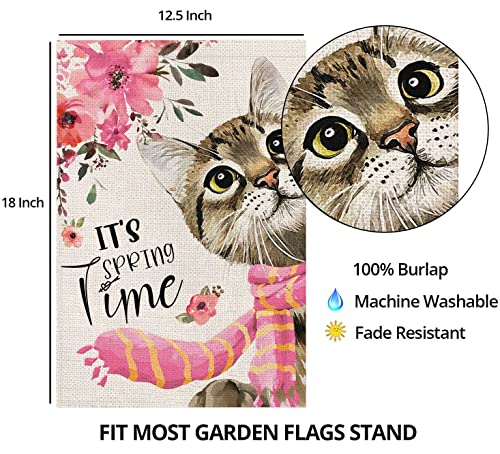 Spring Garden Flag for Outside 12x18 Double Sided,Cat with Sakura Scarf Small Yard Flag,Summer Seasonal Decors for Outdoor Anniversary Wedding Farmhouse Holiday